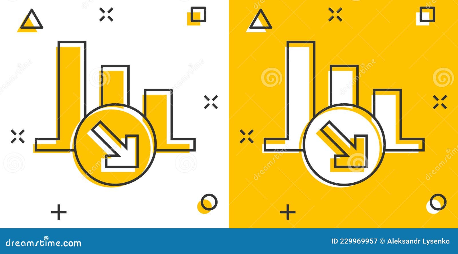 Market Trend Icon in Comic Style. Decline Arrow with Magnifier Cartoon Vector Illustration on ...