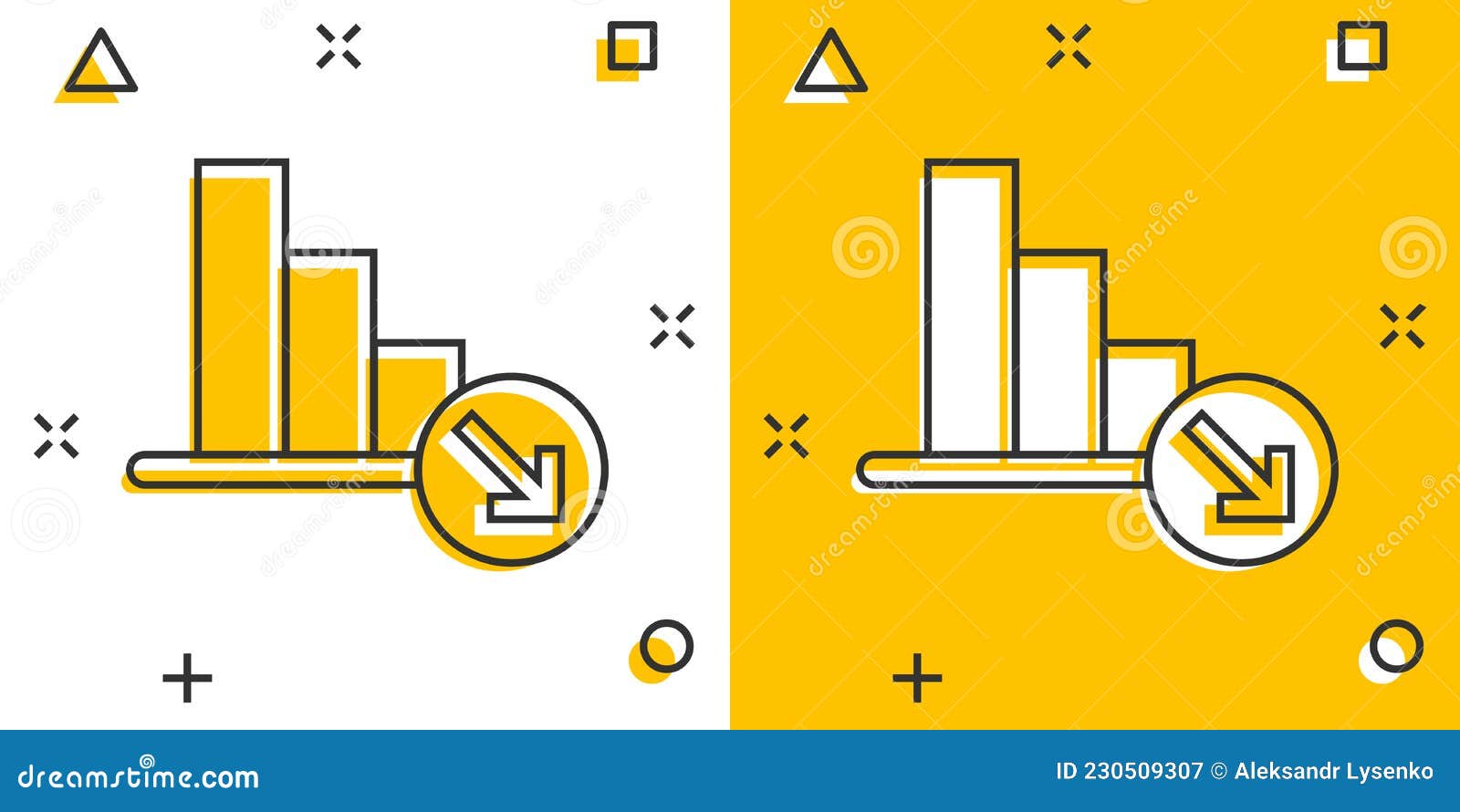 Market Trend Icon In Comic Style. Decline Arrow With Magnifier Cartoon Vector Illustration On ...