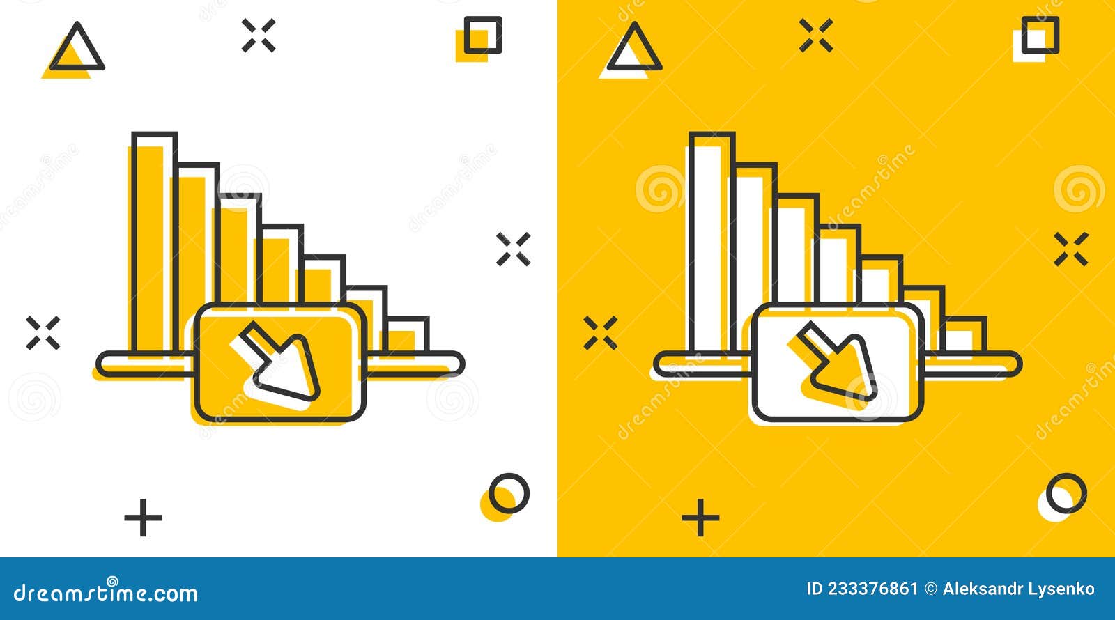 Market Trend Icon in Comic Style. Decline Arrow with Magnifier Cartoon ...