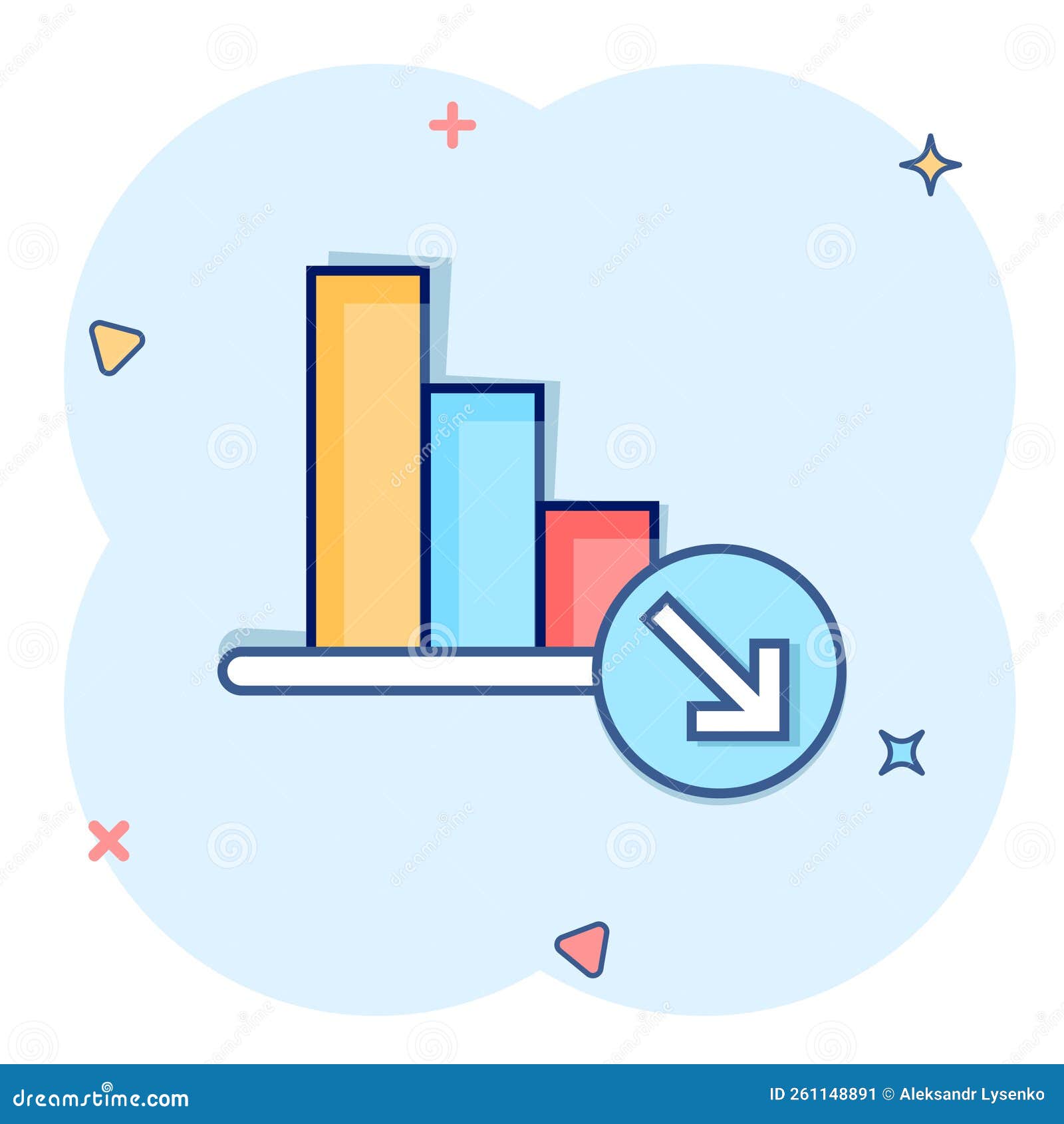 Market Trend Icon in Comic Style. Decline Arrow with Magnifier Cartoon ...