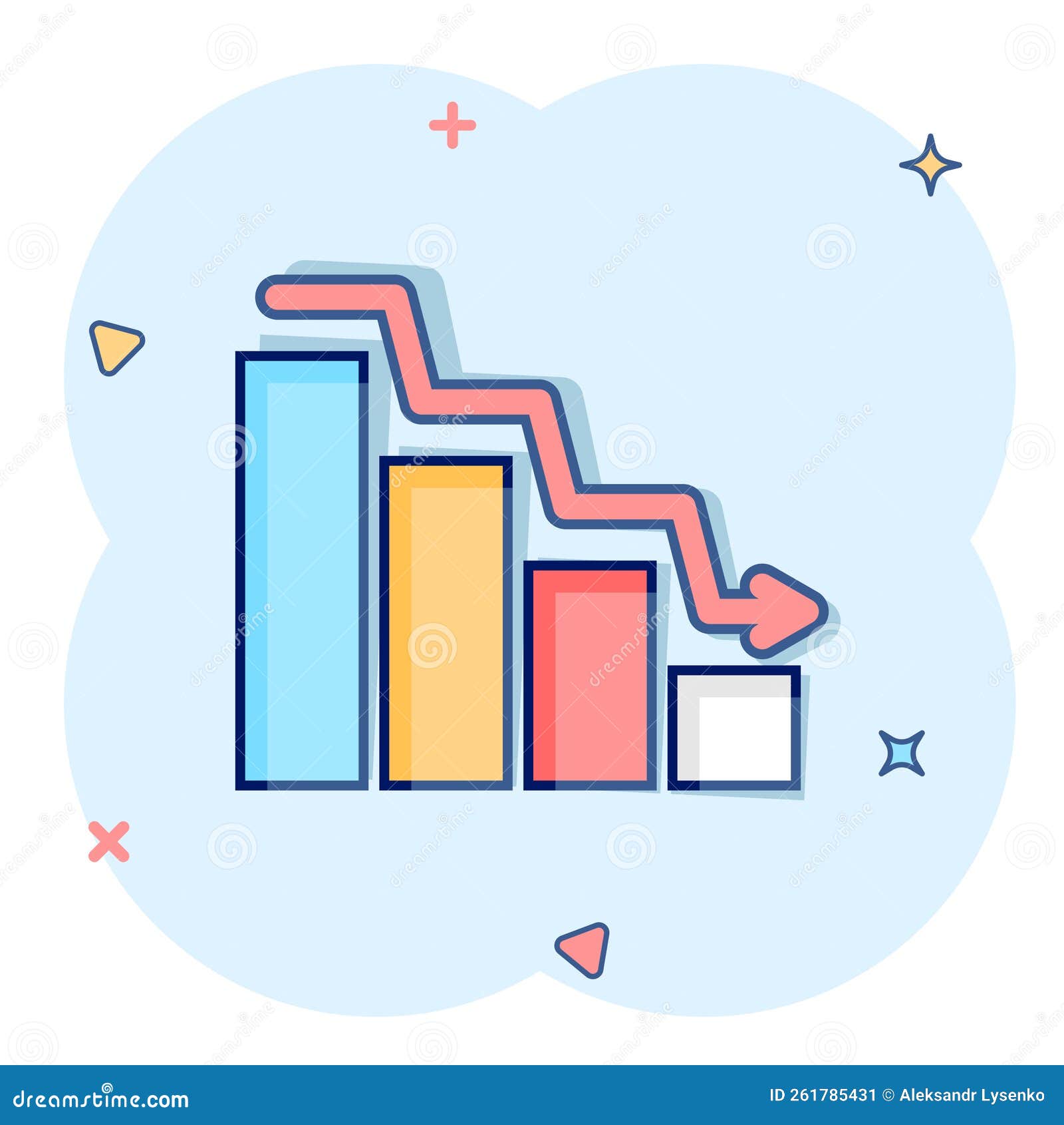 Market Trend Icon in Comic Style. Decline Arrow with Magnifier Cartoon Vector Illustration on ...