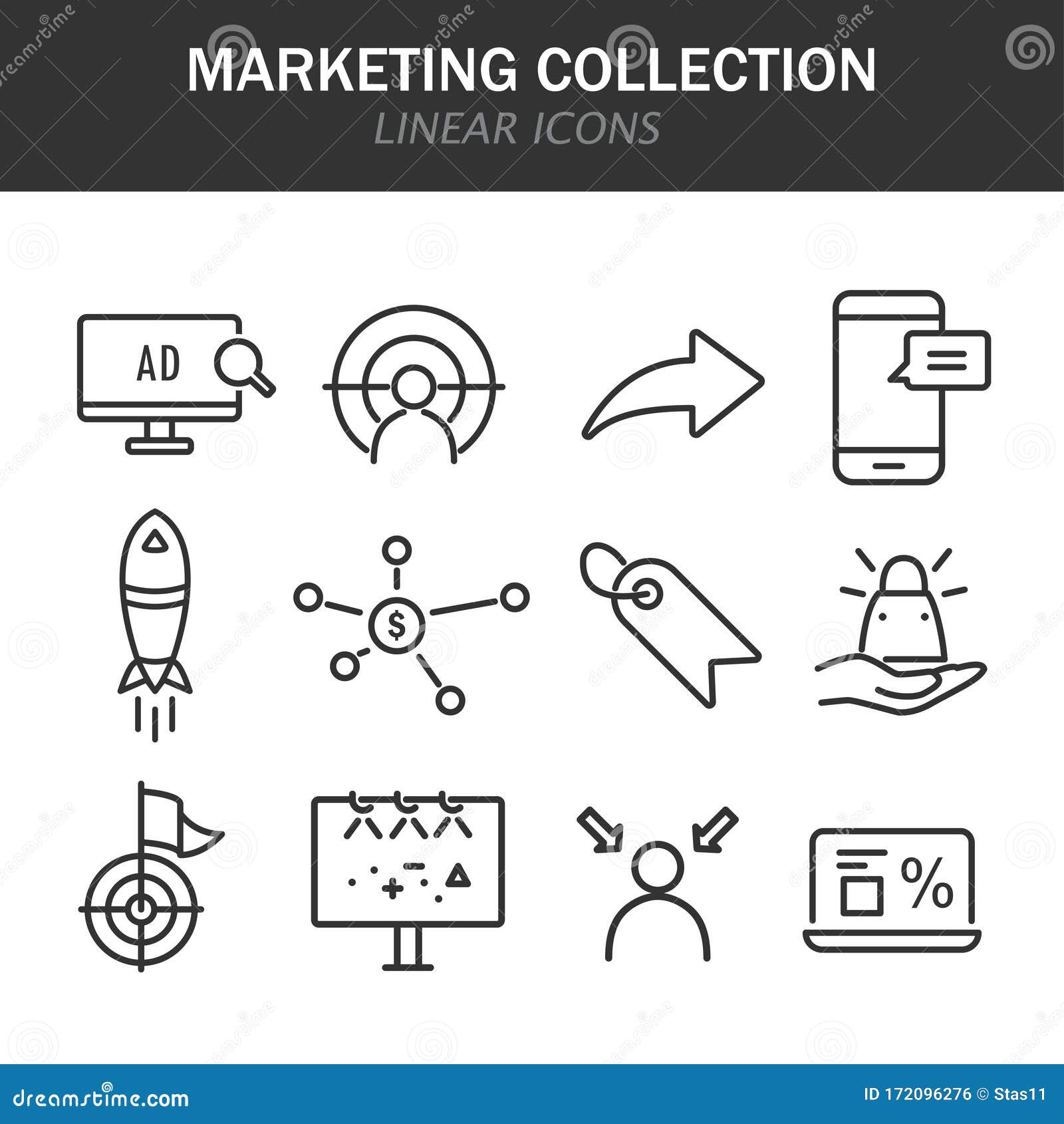 Marketing Collection Linear Icons in Black on a White Background Stock ...