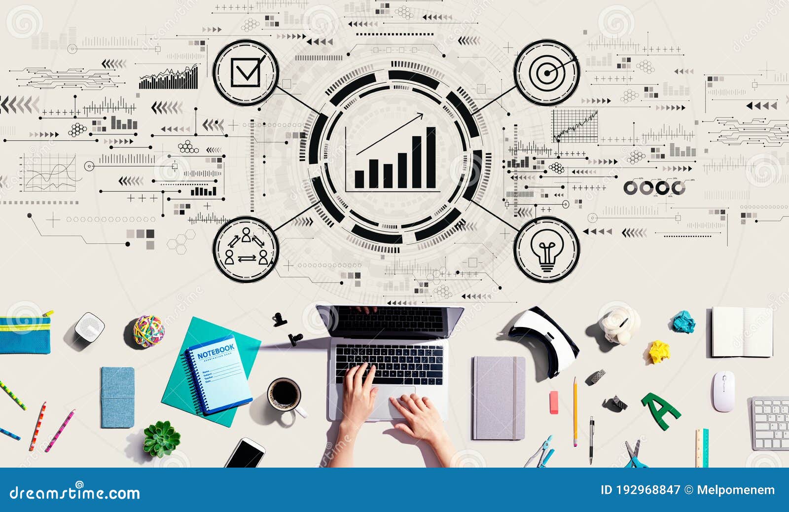 Marketing Concept with Person Using a Laptop Stock Illustration ...