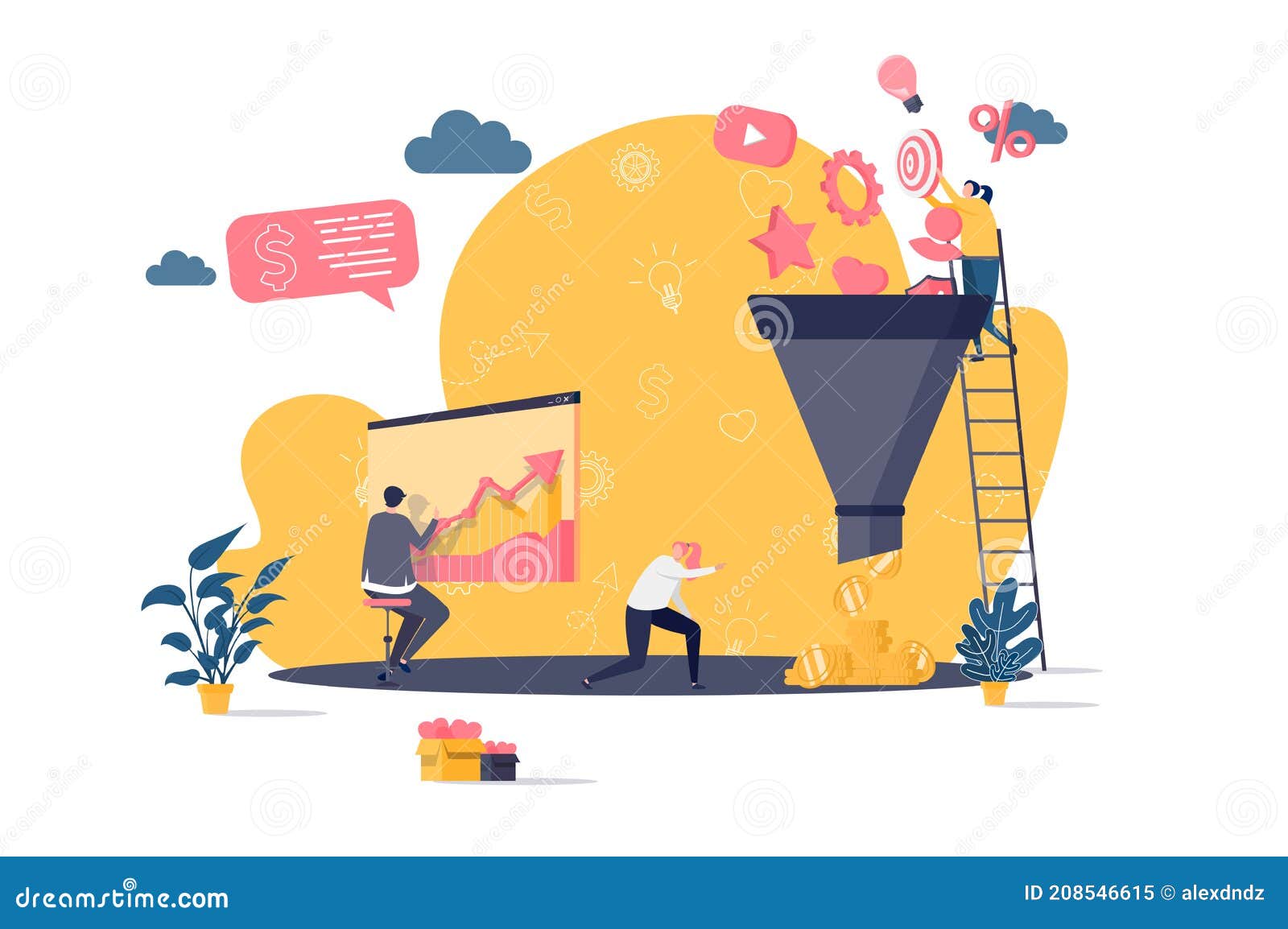 Marketing Funnel Concept in Flat Style. Marketers Processing Data Scene ...