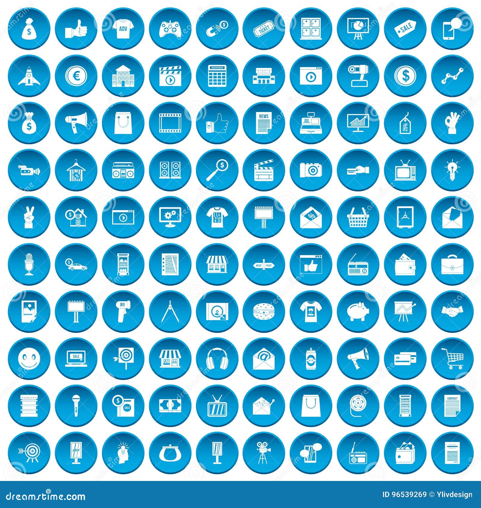100 Marketing Icons Set Blue Stock Vector - Illustration of radio ...