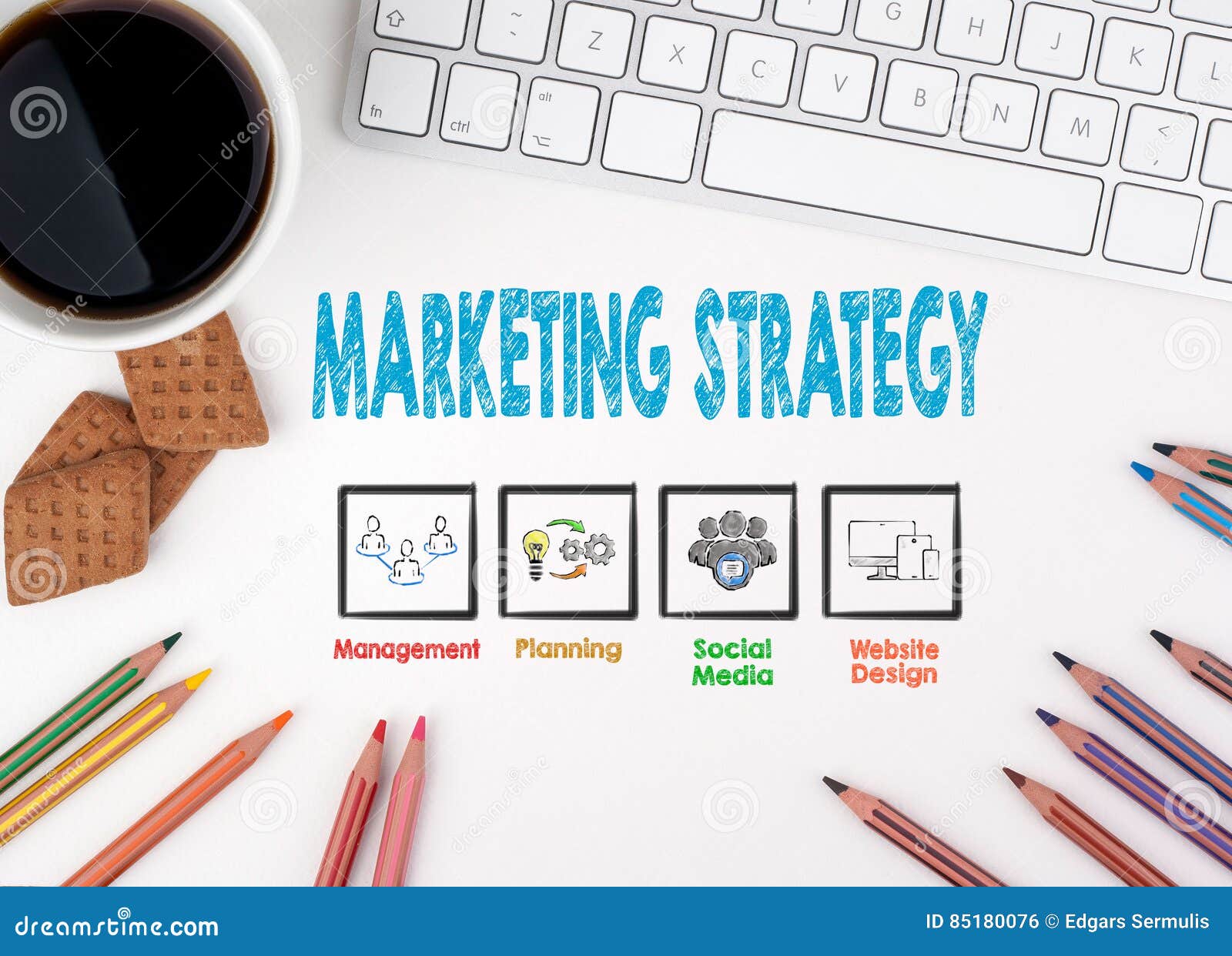 Marketing Strategy. Computer Keyboard and a Coffee Mug on a White Table ...