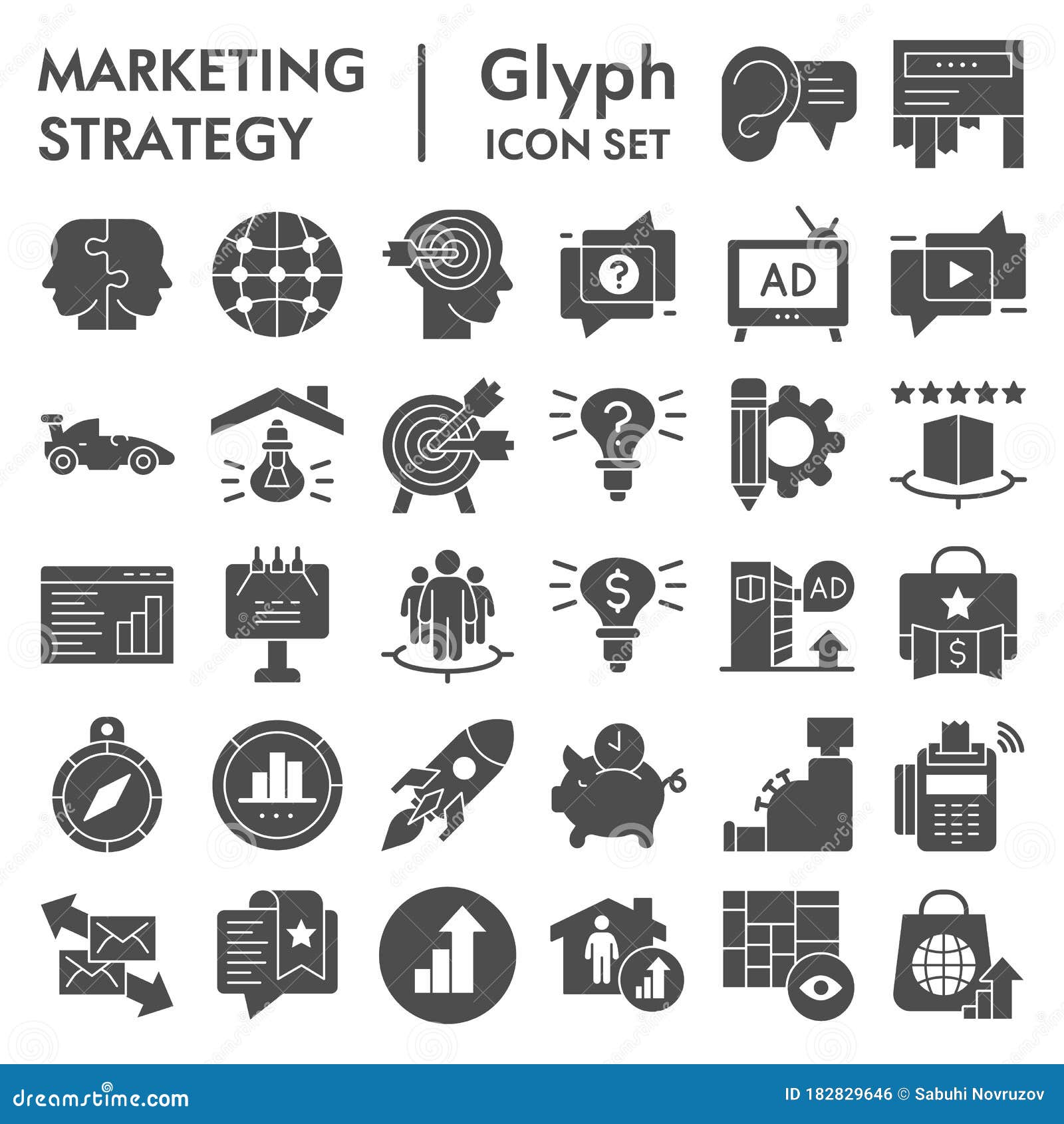Marketing Strategy Solid Icon Set, Advertising Symbols Set Collection ...