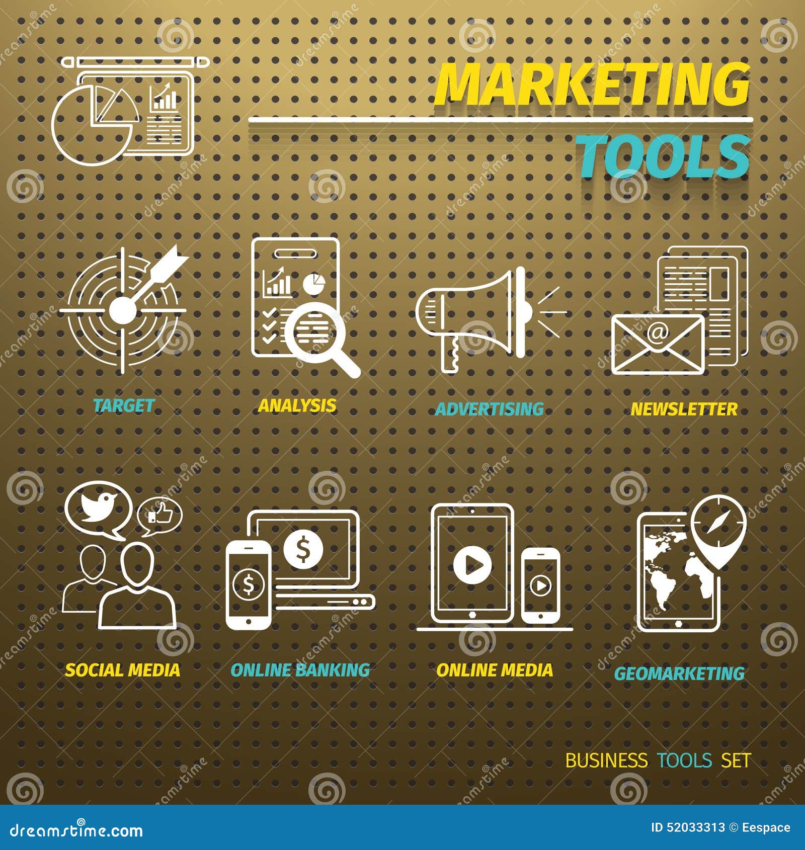 Marketing Tools on Brown Pegboard Stock Vector - Illustration of mail ...