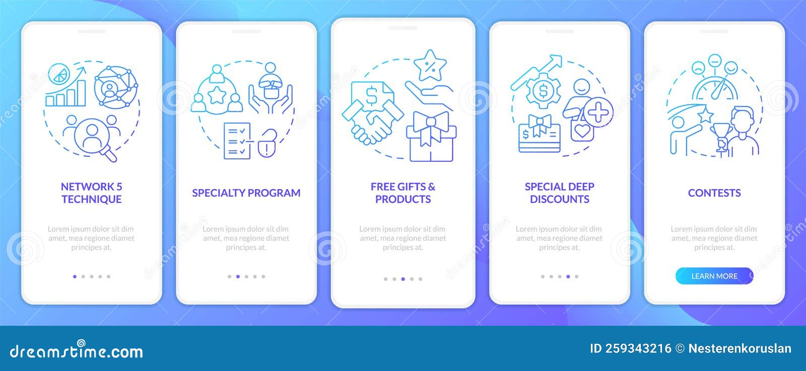 Marketing Tricks Blue Gradient Onboarding Mobile App Screen Stock