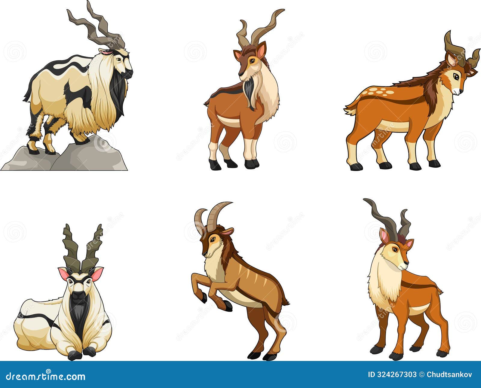 Markhor Animal Cartoon Characters. Vector Hand Drawn Collection Set ...