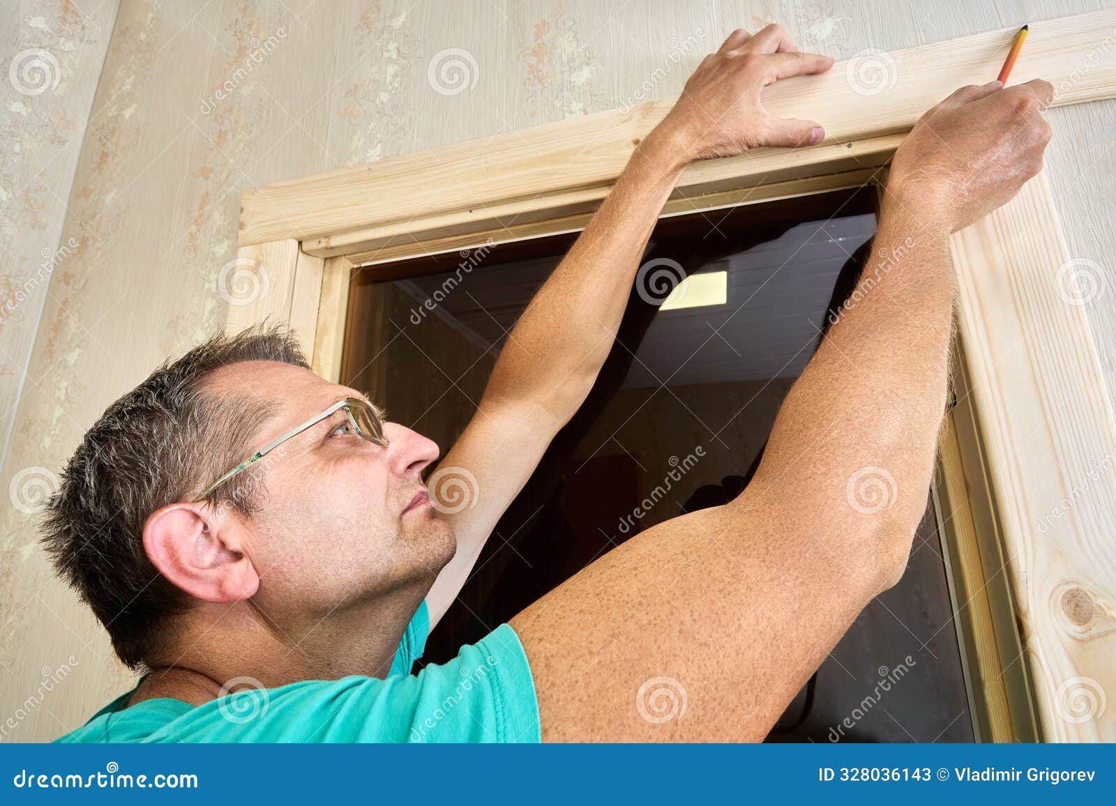 Installing Door Frame, Marking Casing Using Pencil. Stock Image - Image ...