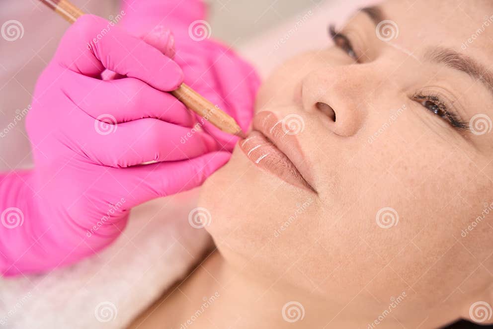 Marking the Lips of a Client before the Procedure Stock Image - Image ...