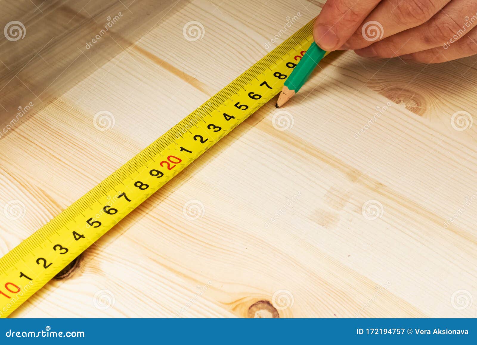 Marking with Pencil and Ruler on Wooden Board Stock Image - Image of ...