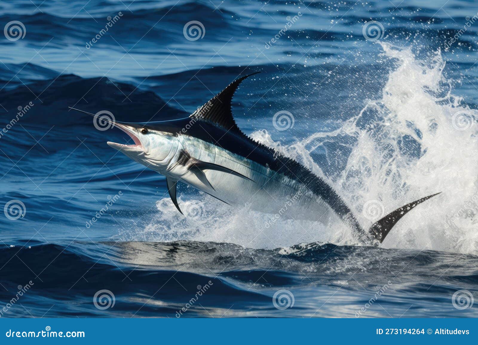 Marlin Jumping from the Water, Its Streamlined Body and Fins Visible ...