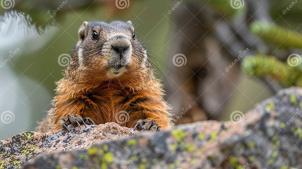 A Marmot Sits on a Rock, Looking Directly at the Camera with a Curious ...