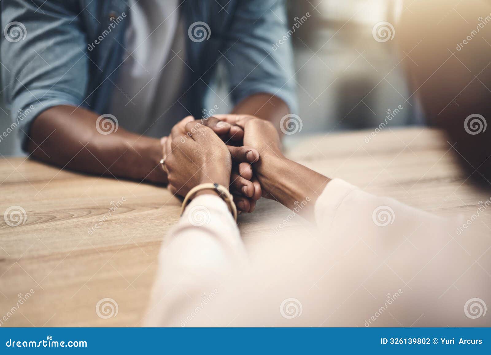 Marriage, Trust and People with Holding Hands on Table for Compassion ...