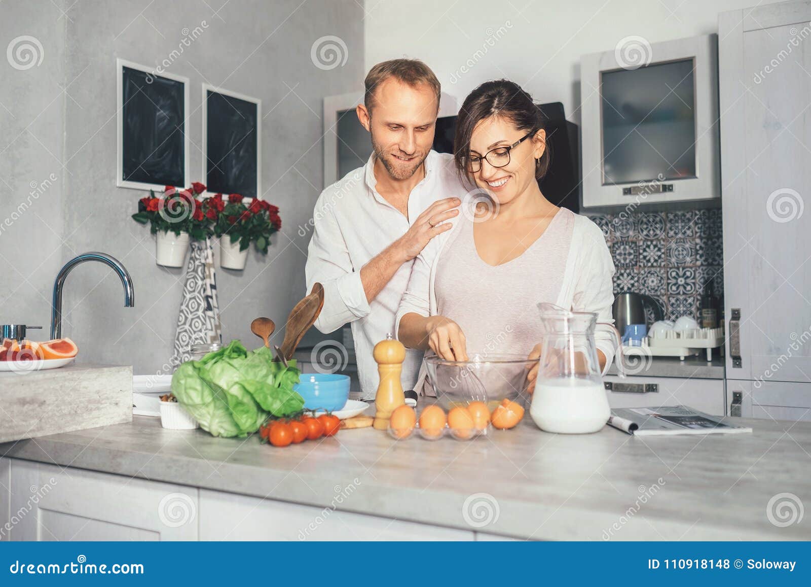 Marrieds Prepare Breakfast Together Stock Photo - Image of helper ...