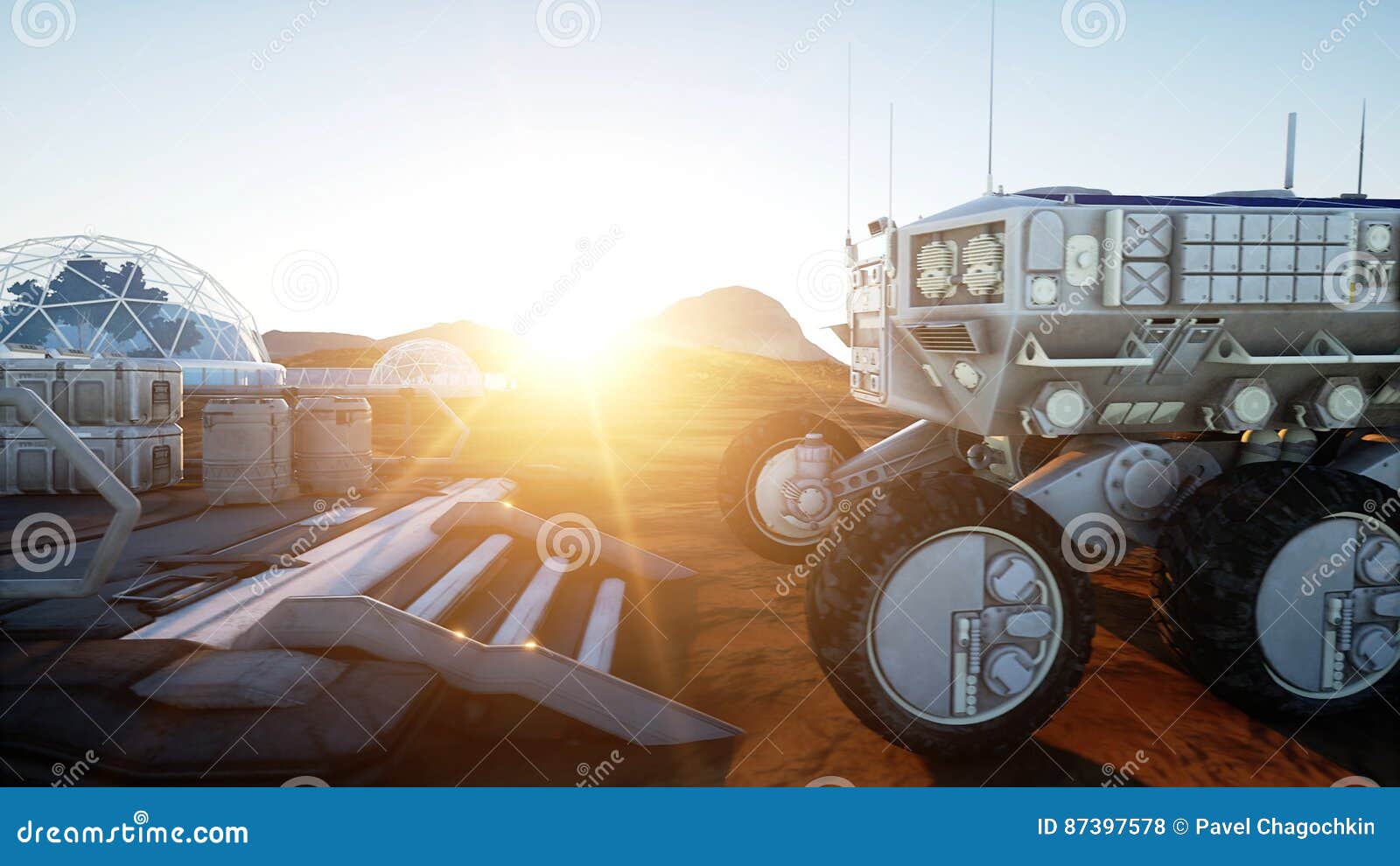 Mars Expedition Transport, Mars Rover. Base on Alien Planet. 3d ...