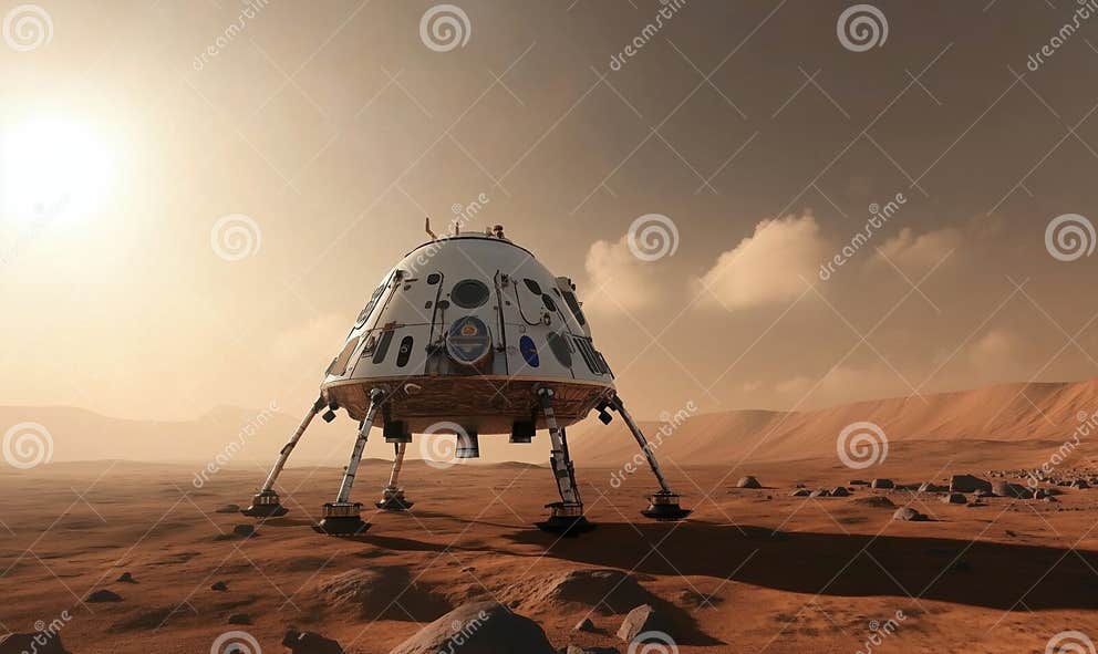 Mars Lander on Red Planet Surface with Rocky Terrain and Distant ...