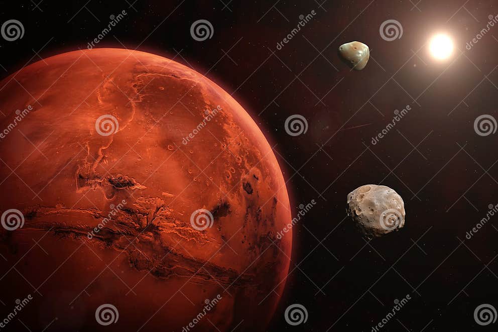 Mars, Phobos, Deimos, Nebula and Galaxy Stock Photo - Image of ...