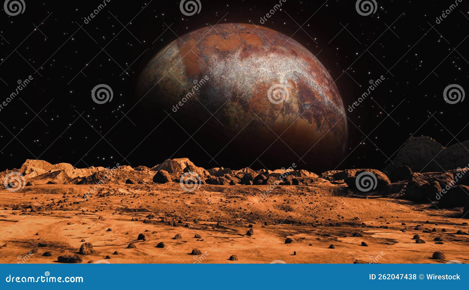 Mars Planet Surface and a Big Planet Background Stock Photo - Image of ...