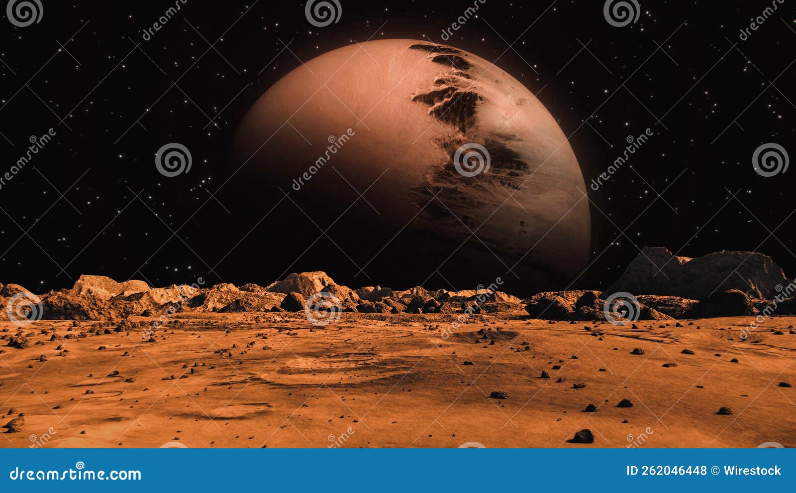 Mars Planet Surface and a Big Planet Background Stock Photo - Image of ...
