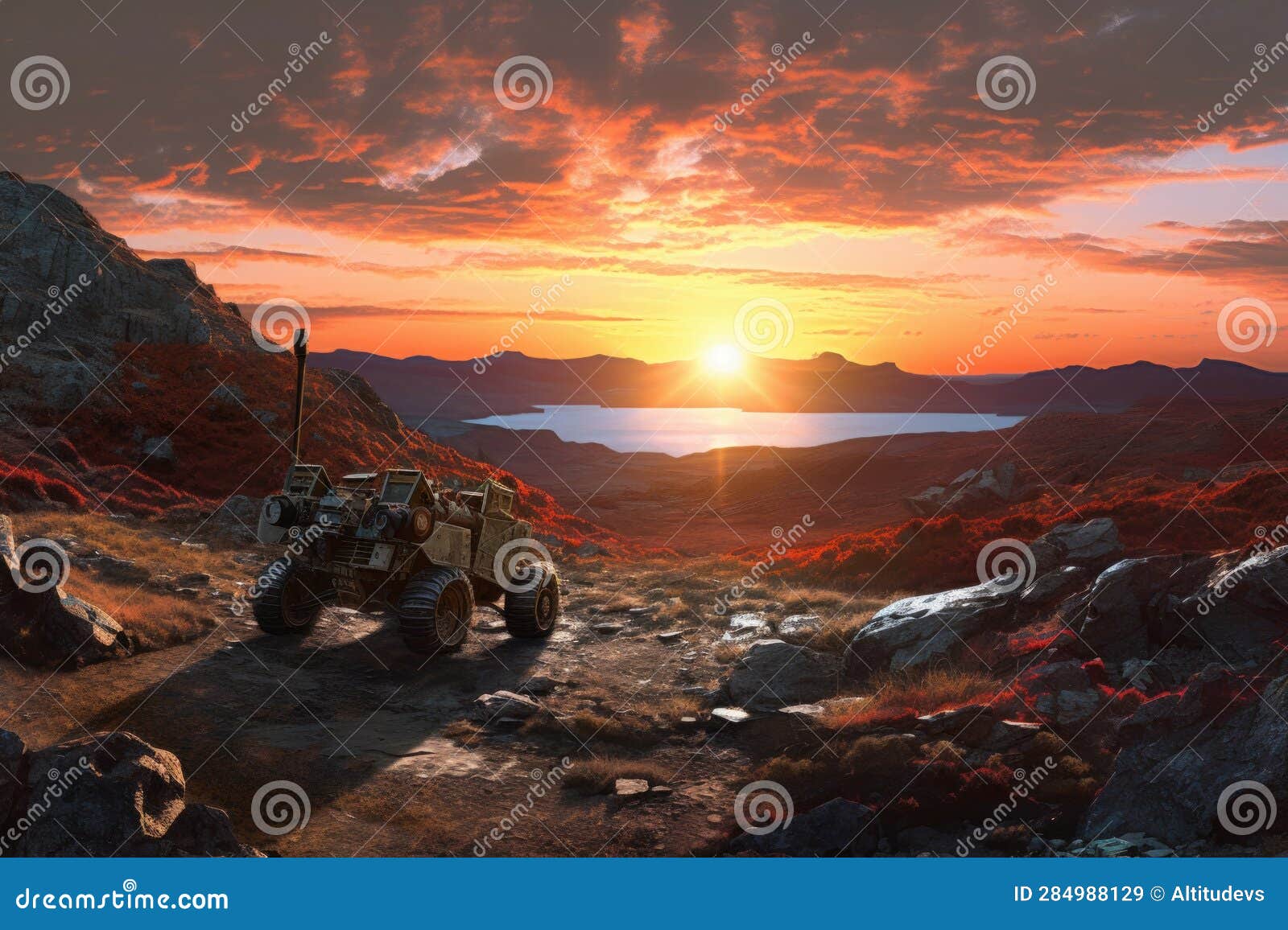 Mars Rover Exploring Rugged Terrain at Sunset Stock Illustration ...
