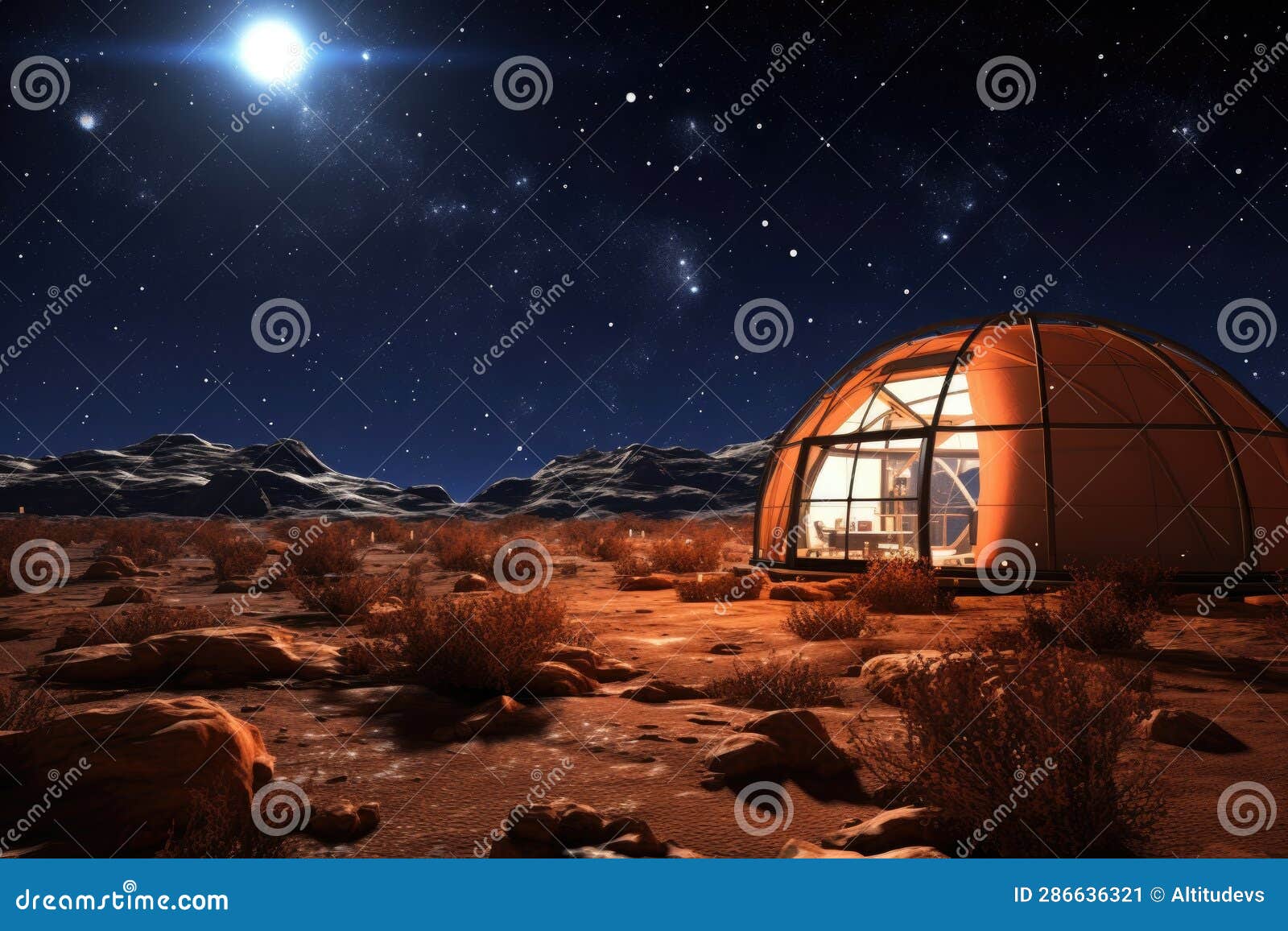 Mars Simulation Habitat Exterior Against Starry Sky Stock Illustration ...