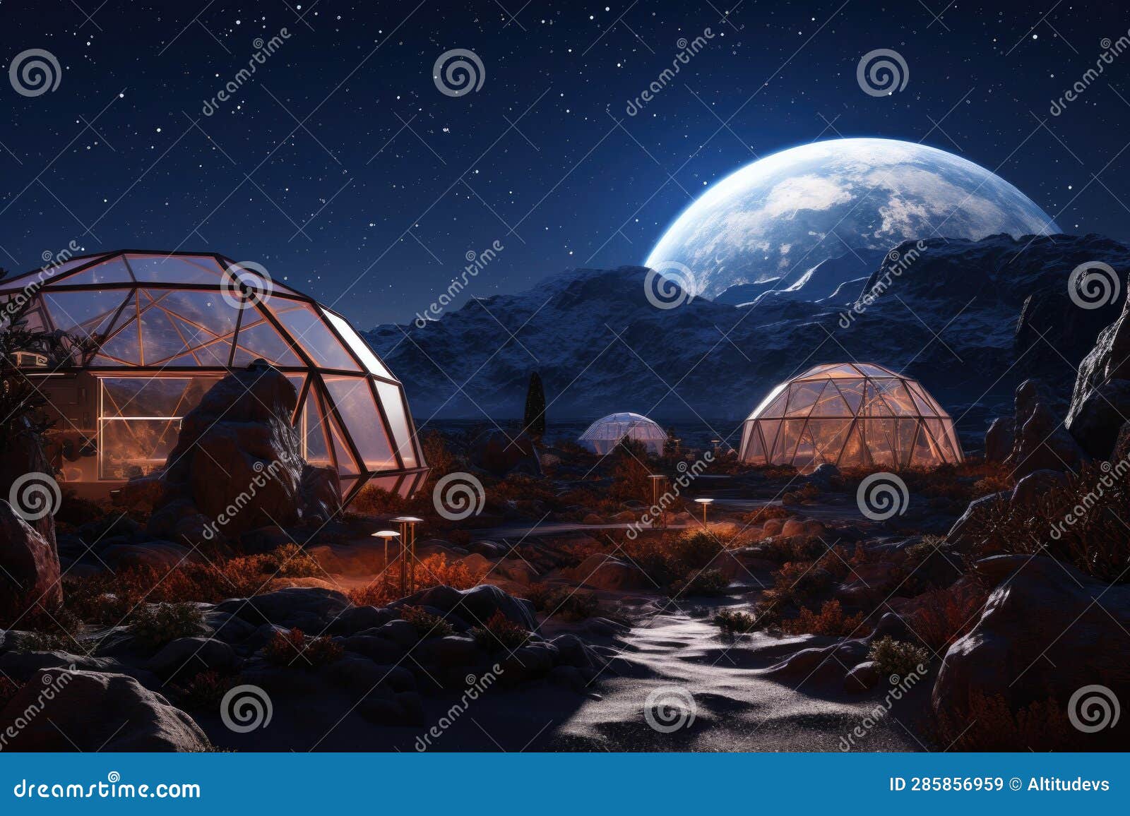 Mars Simulation Habitats Exterior Under a Starry Sky Stock Illustration ...