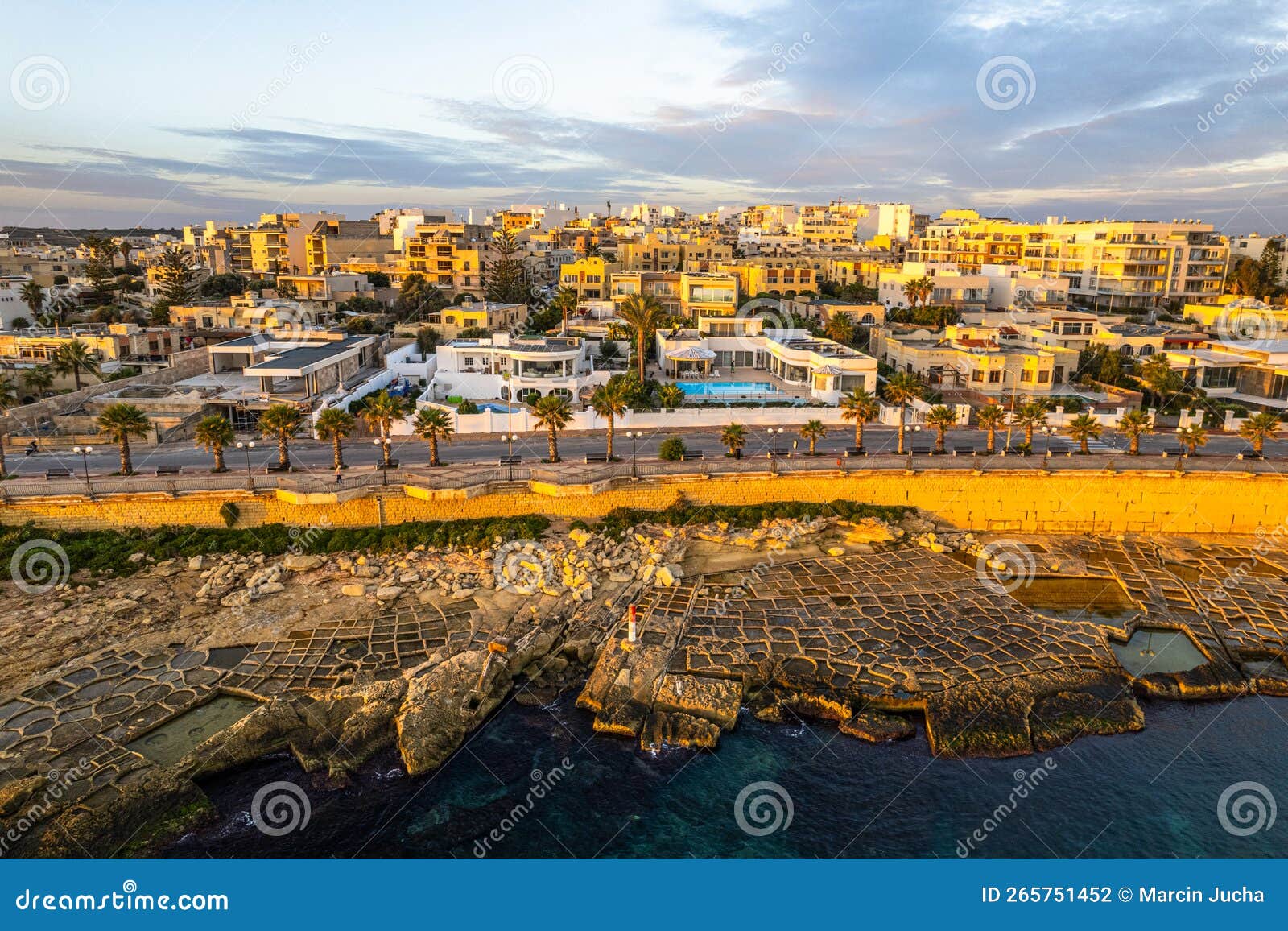 Marsaskala Waterfront at Sunrise, Malta. Aerial Drone View Stock Photo ...