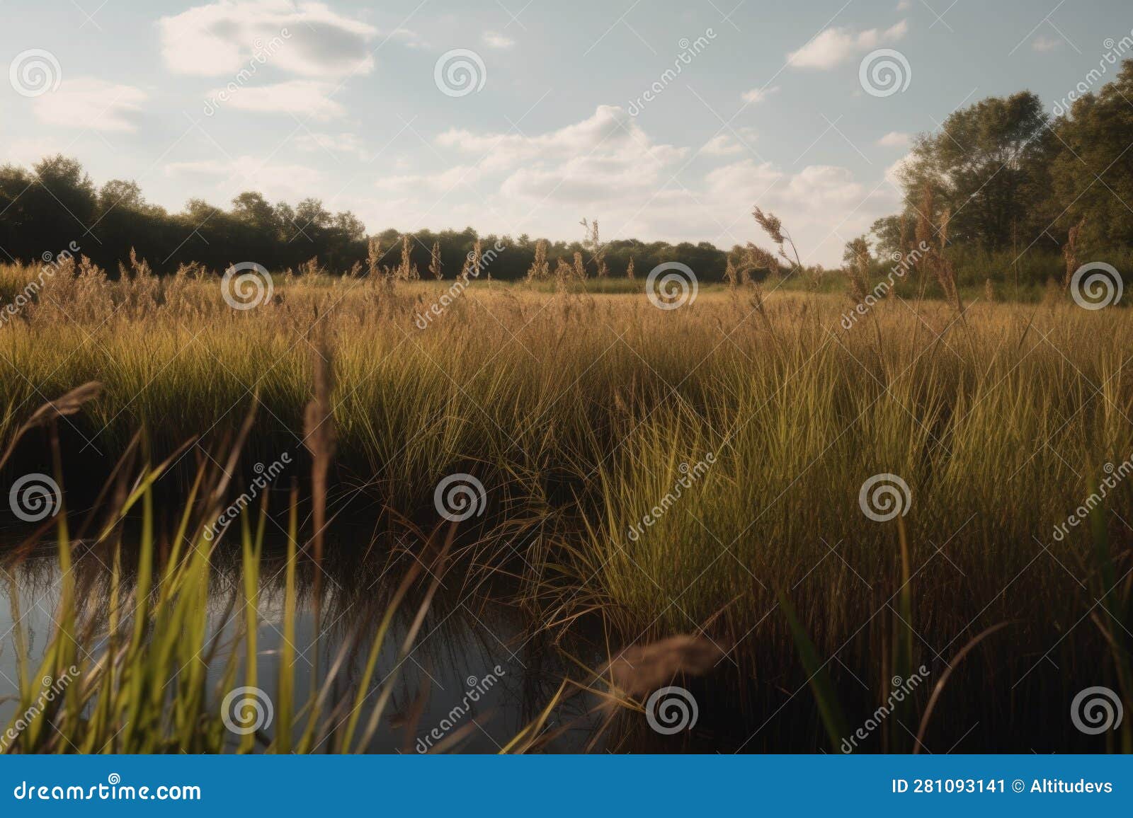 Marsh with Tall Grasses and Reeds Swaying in the Breeze Stock Image ...