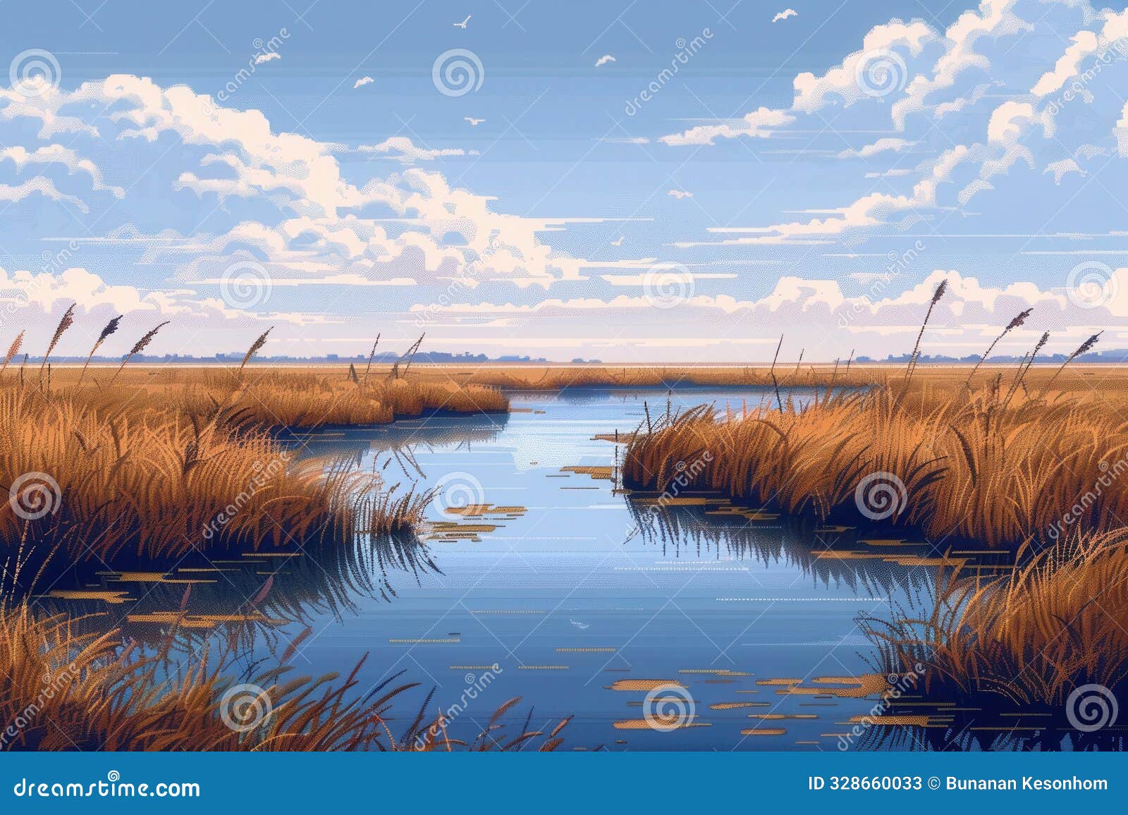 Marshland Flat Design Side View Wetlands Theme Pixel Art Water Color ...