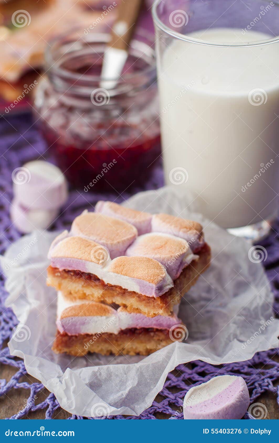 Marshmallow Jam Slices with a Glass of Milk Stock Photo - Image of ...