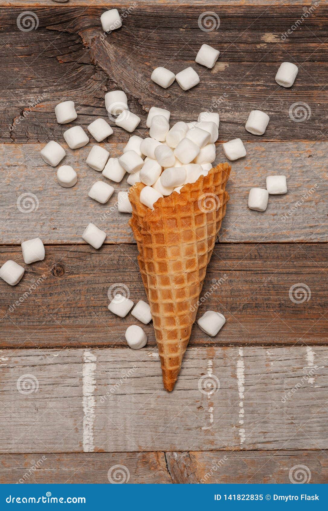 Marshmallow in Wafer Cone on Wooden Table Stock Image - Image of ...