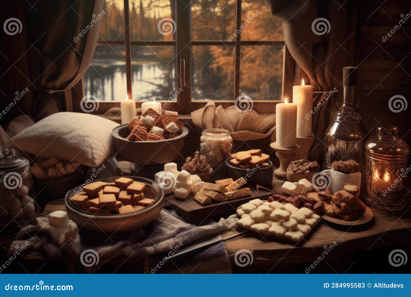 Marshmallows, Chocolate, and Crackers in a Cozy Setting Stock ...