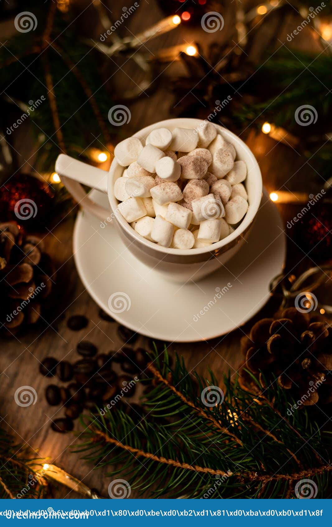 Marshmelon in a White Cup on a Table with Christmas Lights. Christmas ...