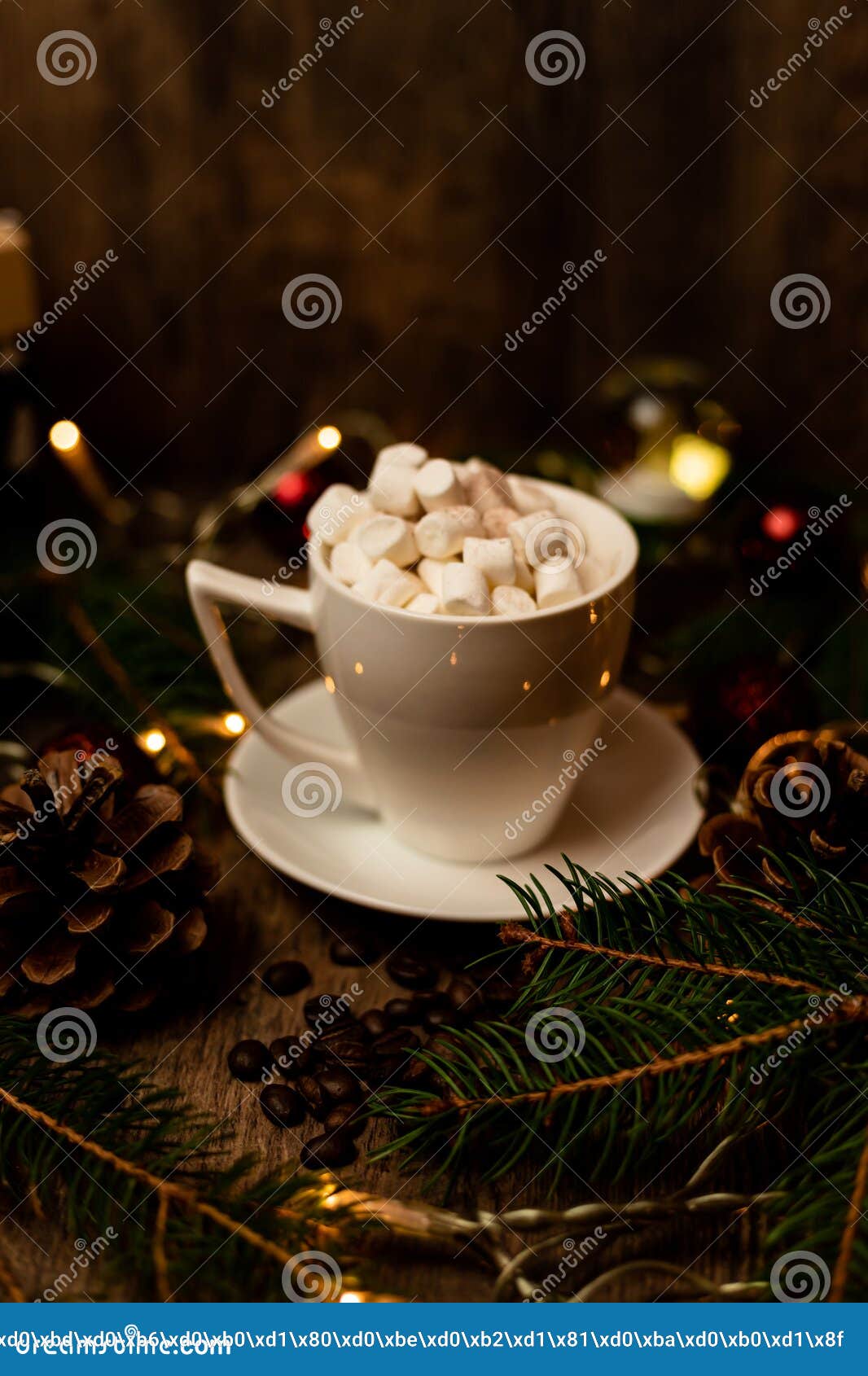 Marshmelon in a White Cup on a Table with Christmas Lights. Christmas ...