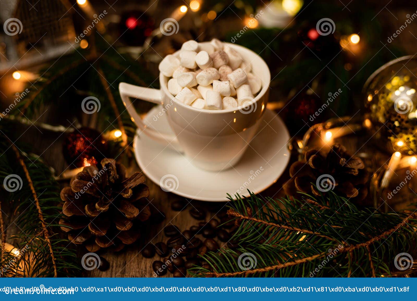 Marshmelon in a White Cup on a Table with Christmas Lights. Christmas ...