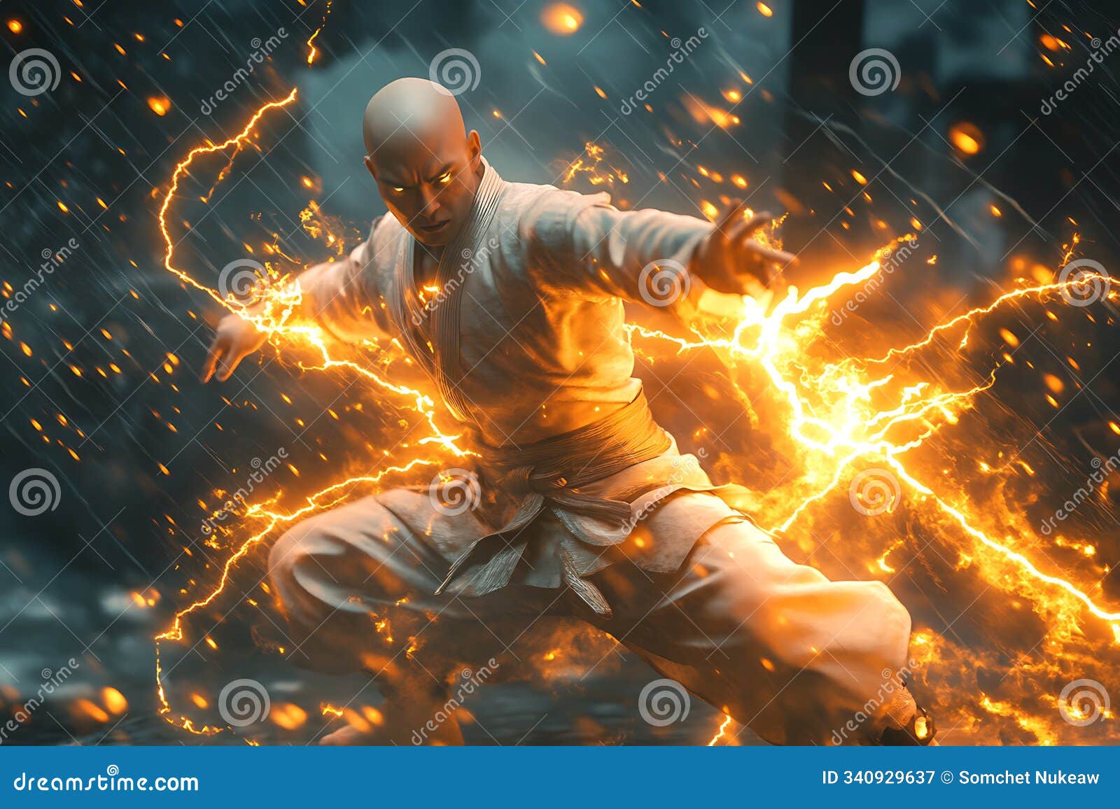 Martial Artist in Dynamic Pose with Electric Energy, Dramatic Scene ...
