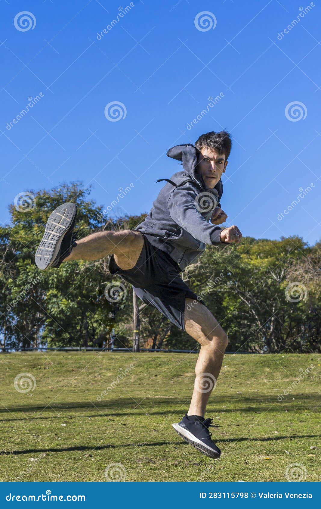 Martial Fighter Practicing Flying Kicks. Copy Space Stock Photo - Image ...