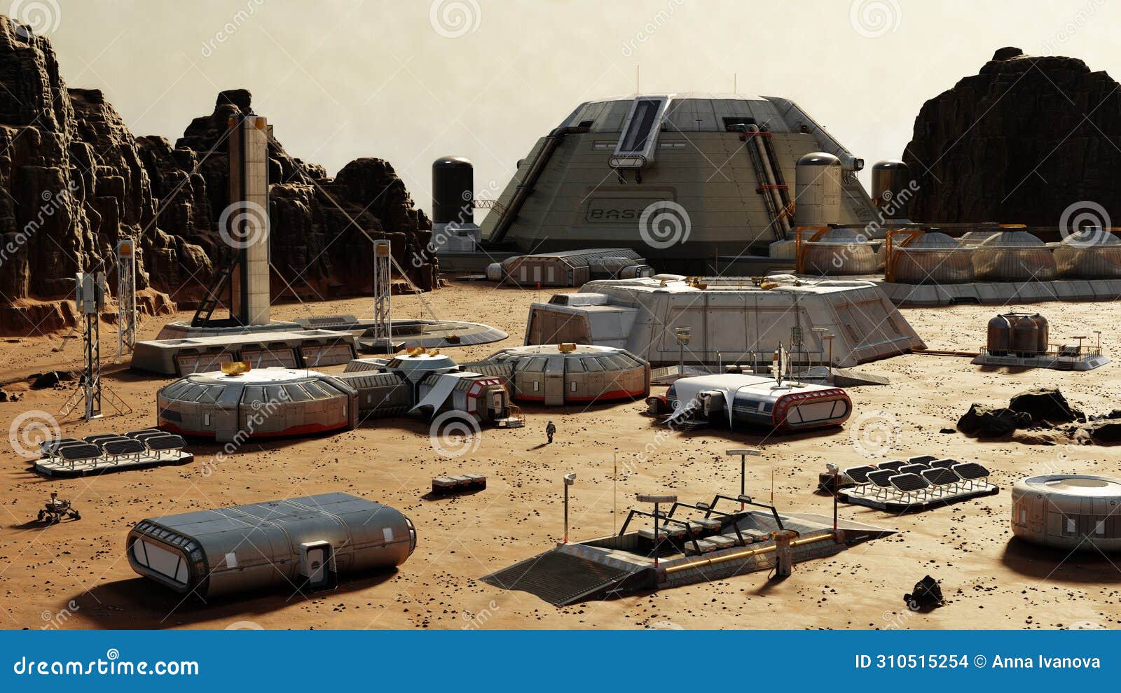 Martian Base with Modular Structures and Solar Panels in a Rocky Desert ...