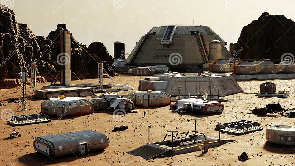 Martian Base with Modular Structures and Solar Panels in a Rocky Desert ...