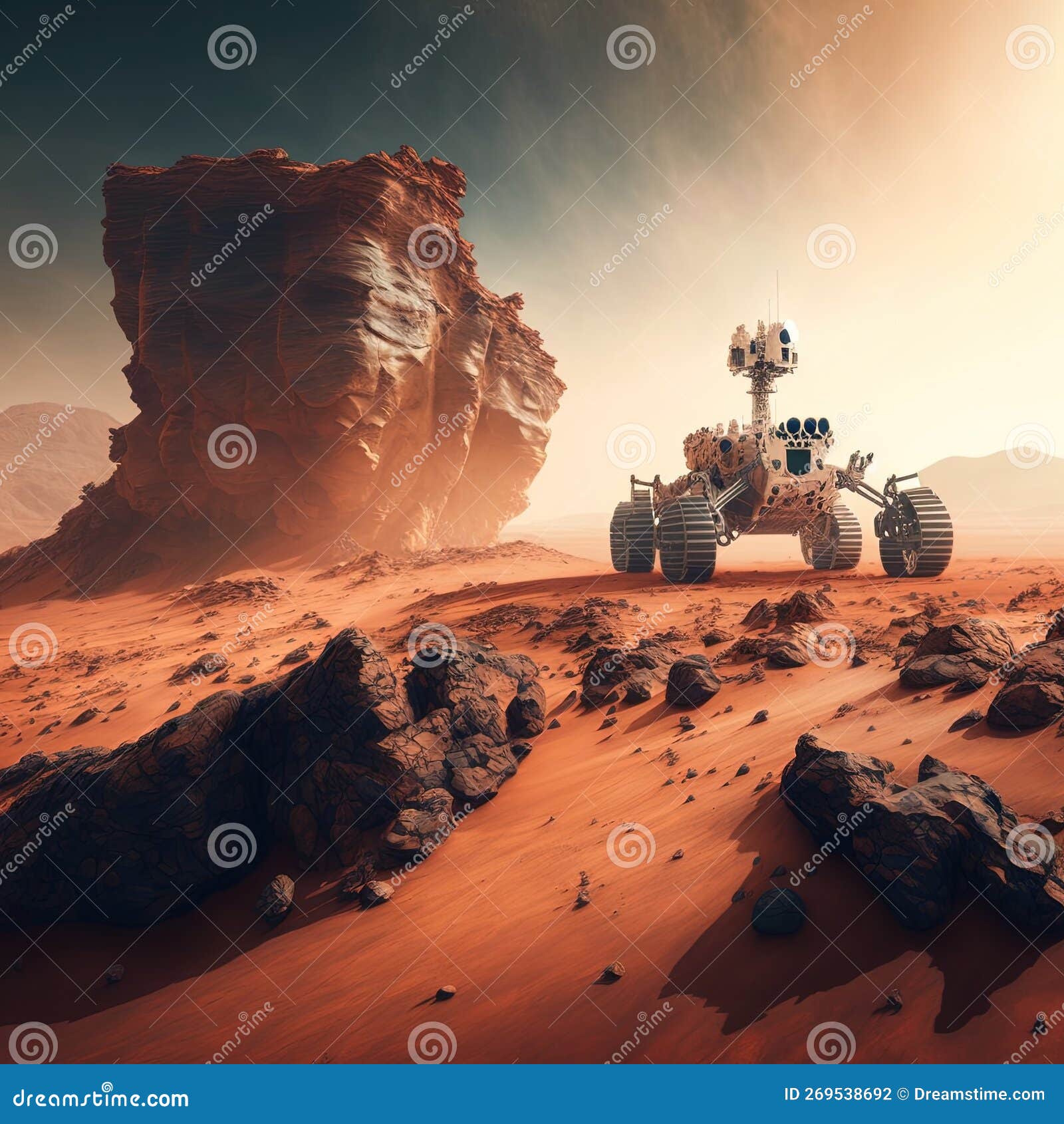 Martian Rover Drives Across The Rocky Surface, Observing The Colonists ...