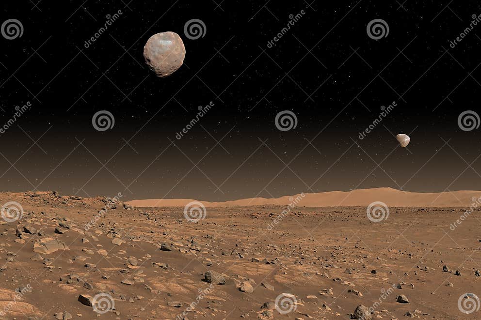 Martian Surface, Phobos, Deimos and Starry Sky. Stock Image - Image of ...