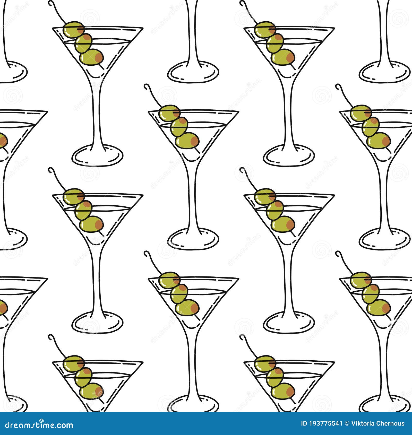 Martini Cocktail Seamless Doodle Pattern, Vector Color Illustration ...