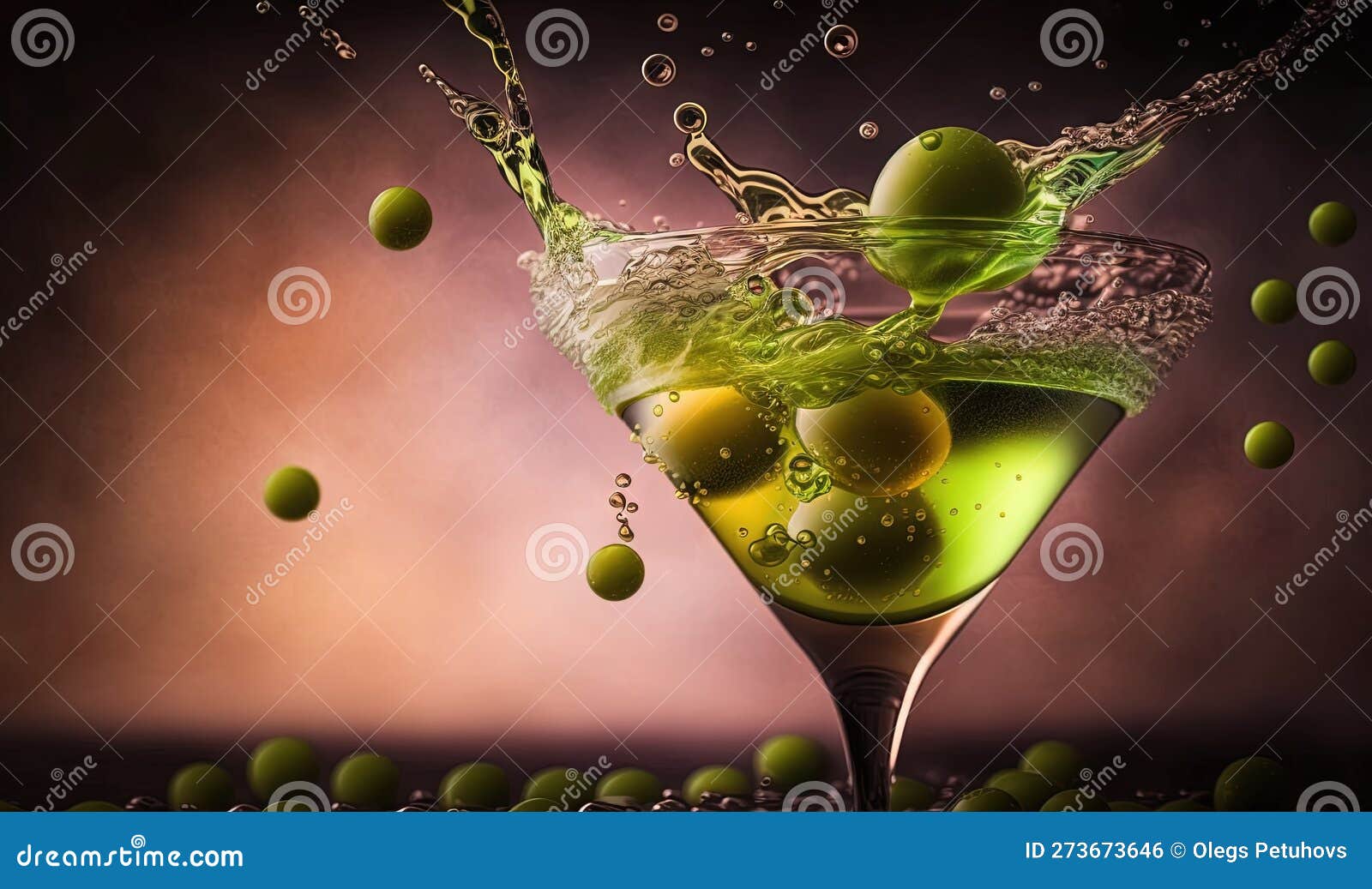 A Martini Glass Filled With Green Liquid And Olives Falling Into It