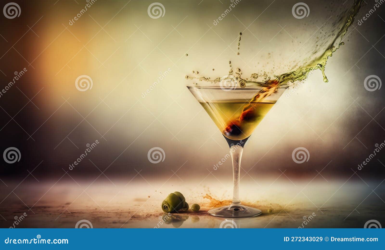 A Martini Glass Filled With A Liquid And A Green Olive Stock Image