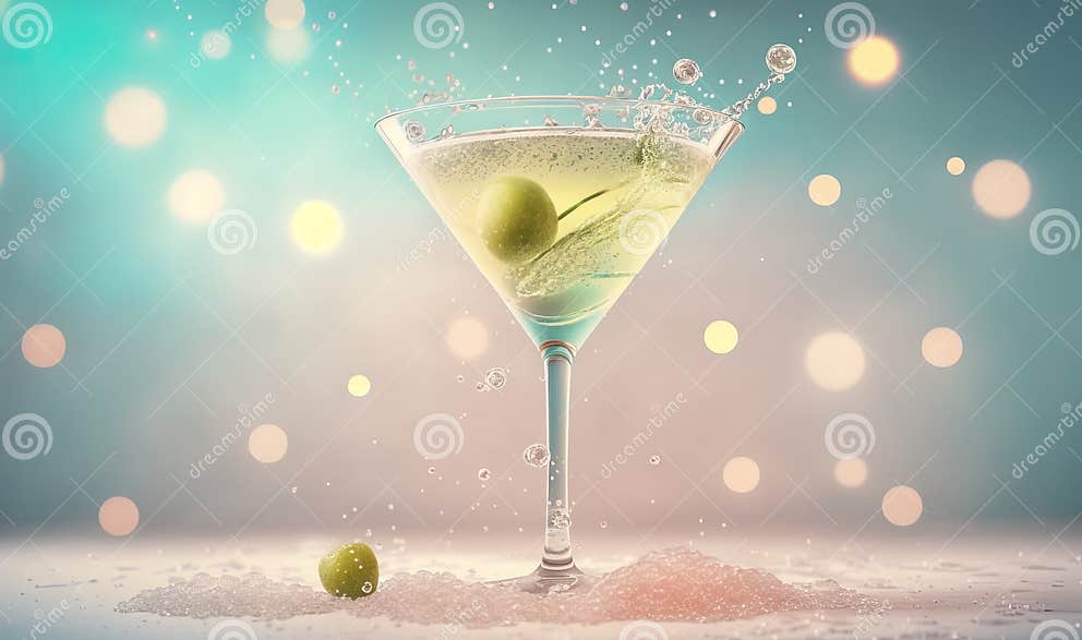 A Martini Glass with a Green Olive in it on a Table Stock Illustration ...