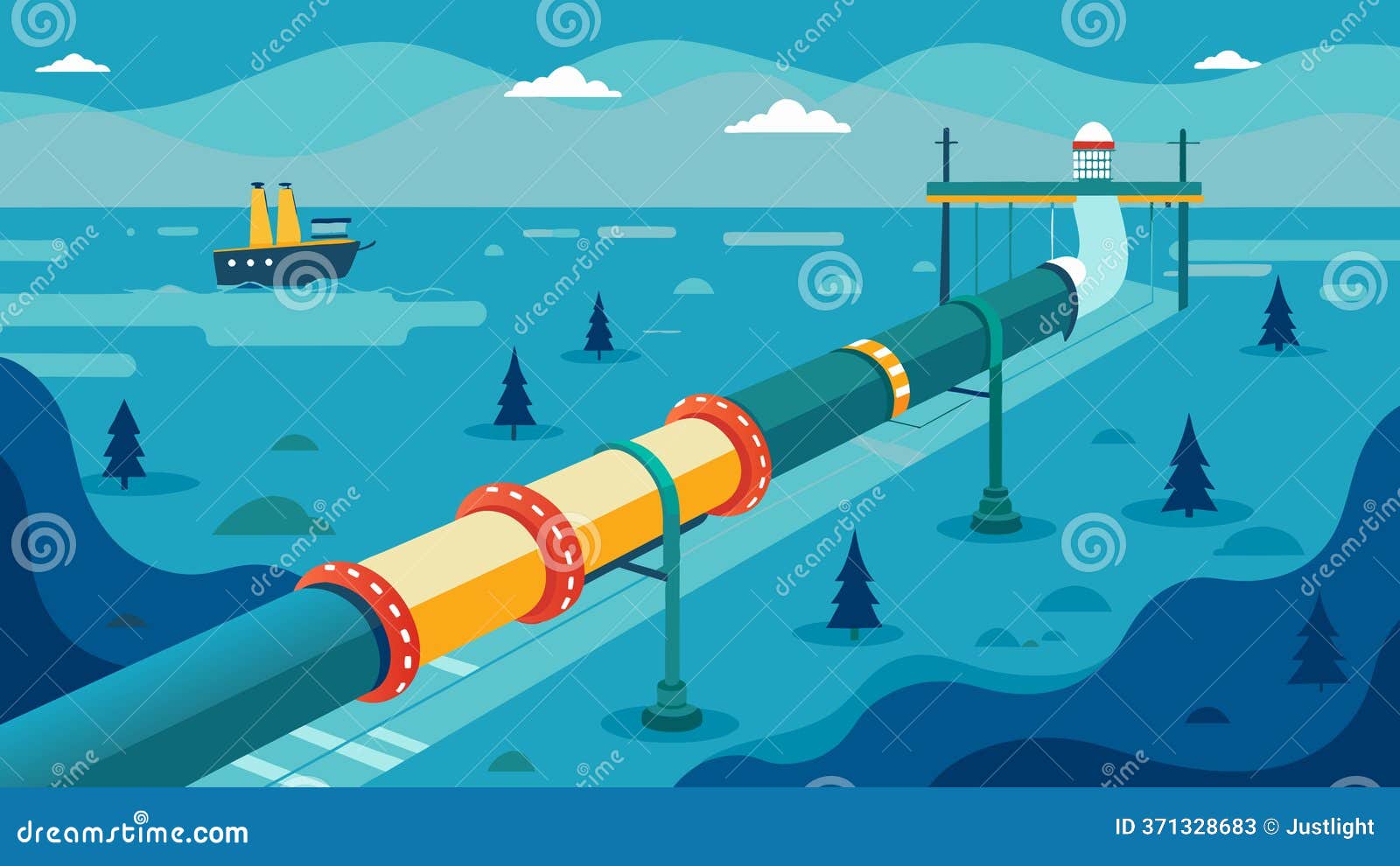 Subsea Oil And Gas Pipeline Metal Conduit In Blue Ocean For Underwater ...