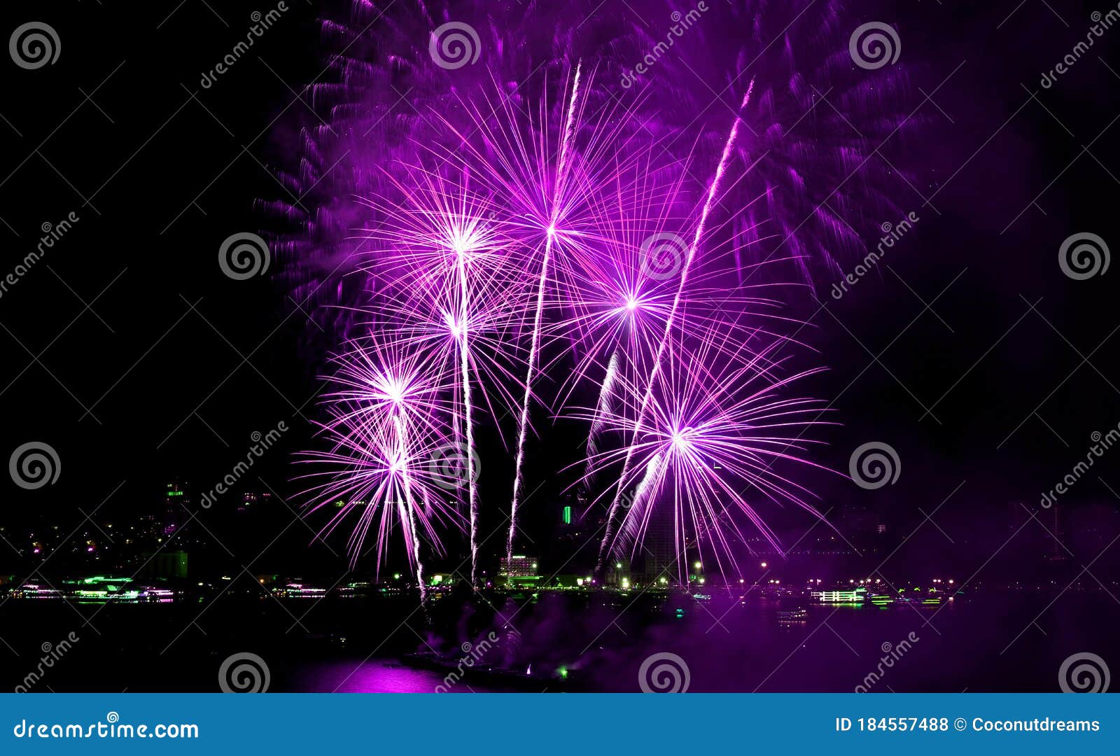 Marvelous Purple Pink Fireworks Exploding into the Night Sky Over the ...